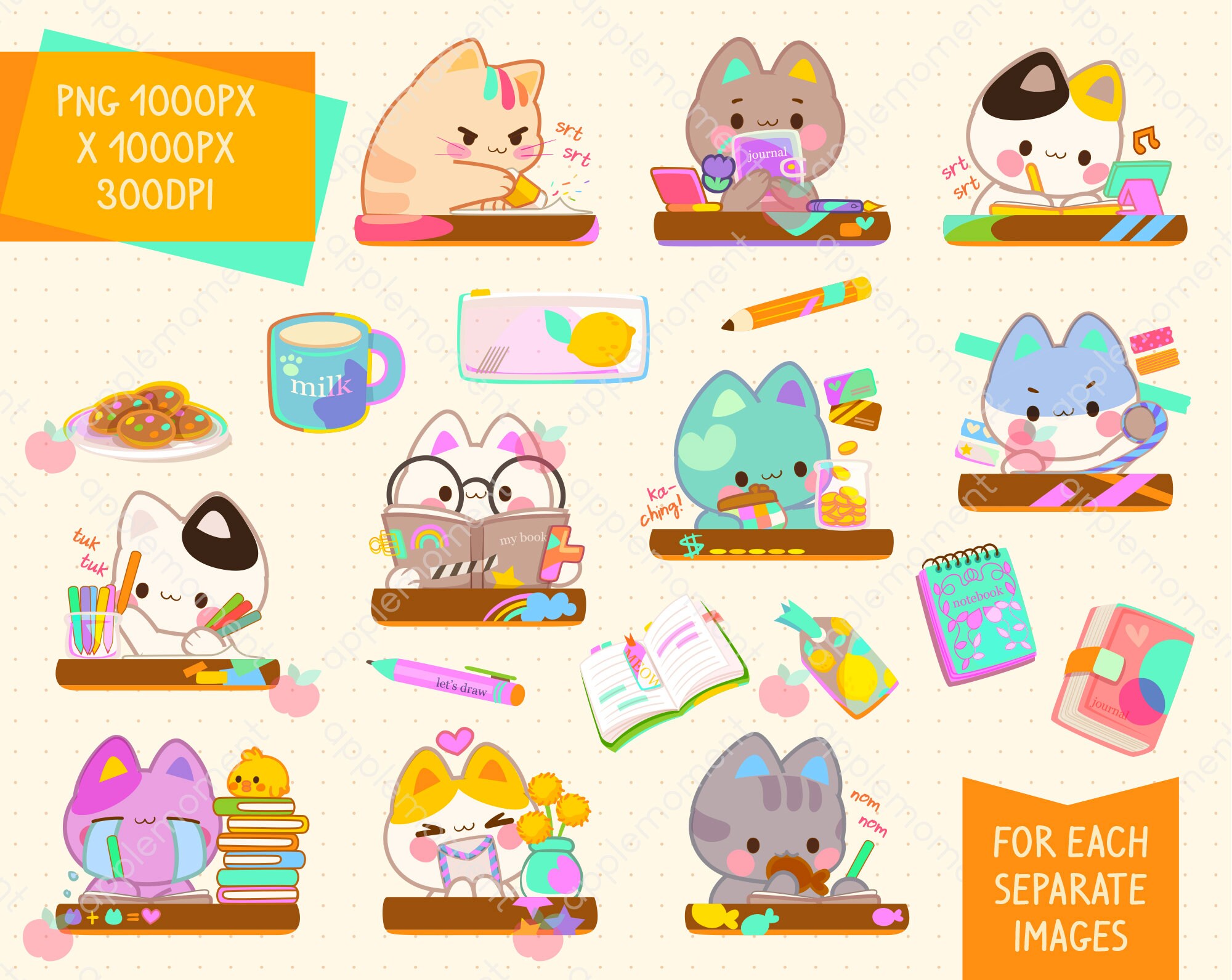 Kawaii Cat Study Clipart Stickers: School Stationery (digital Download ...