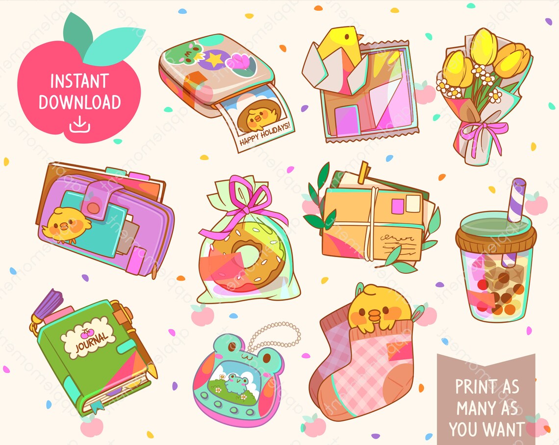 Cute Kawaii Printable Digital Stickers Clipart Rainbow Chic Frog ...