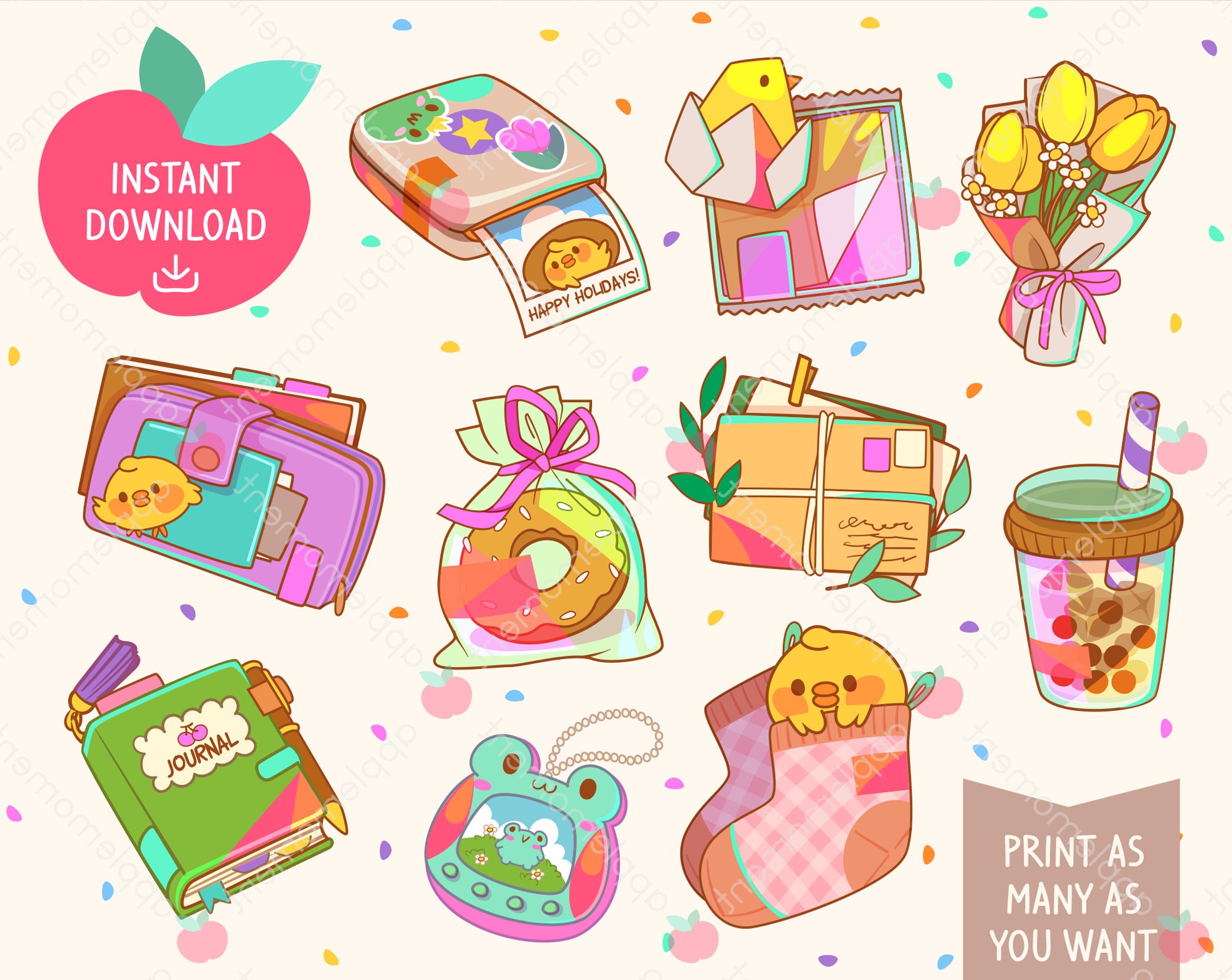 Cute Kawaii Printable Digital Stickers Clipart Rainbow Chic Frog ...