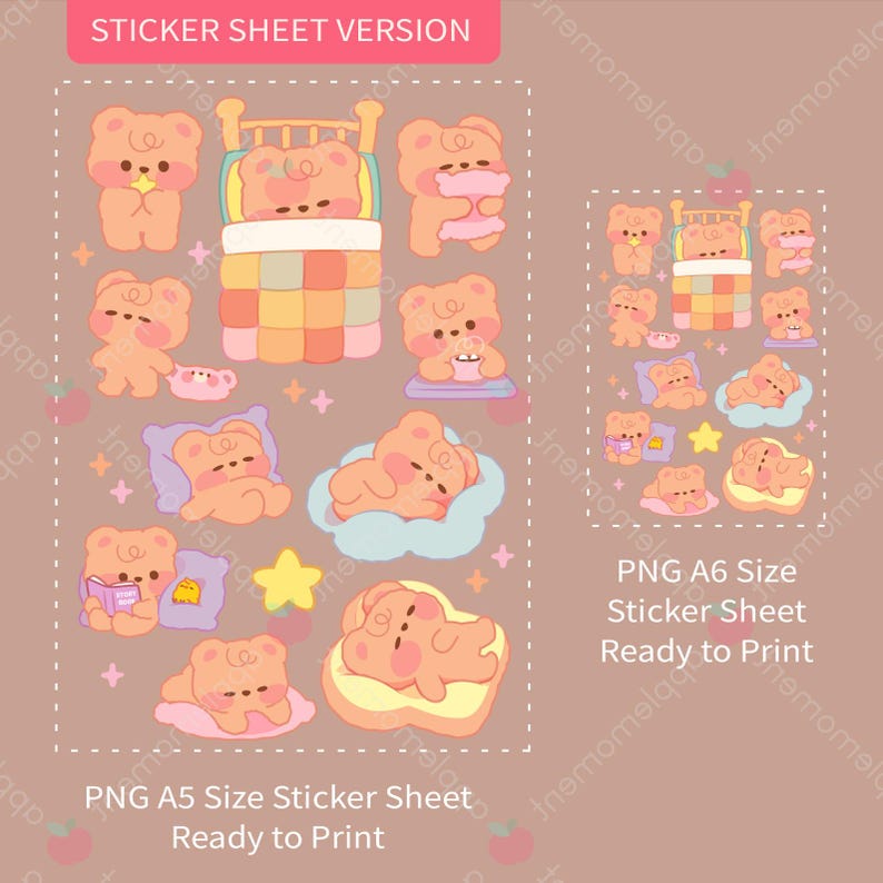 Kawaii Sleepy Bear Clipart Stickers, PNG (digital Download - Etsy