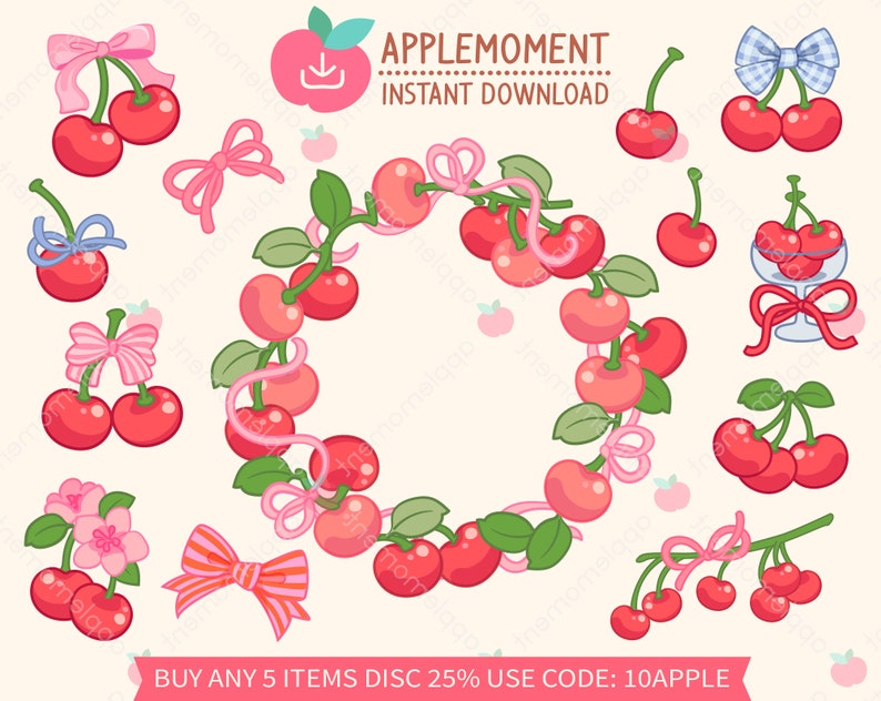 Cute Kawaii Printable Digital Stickers Clipart Illustration Cherry Bow ...