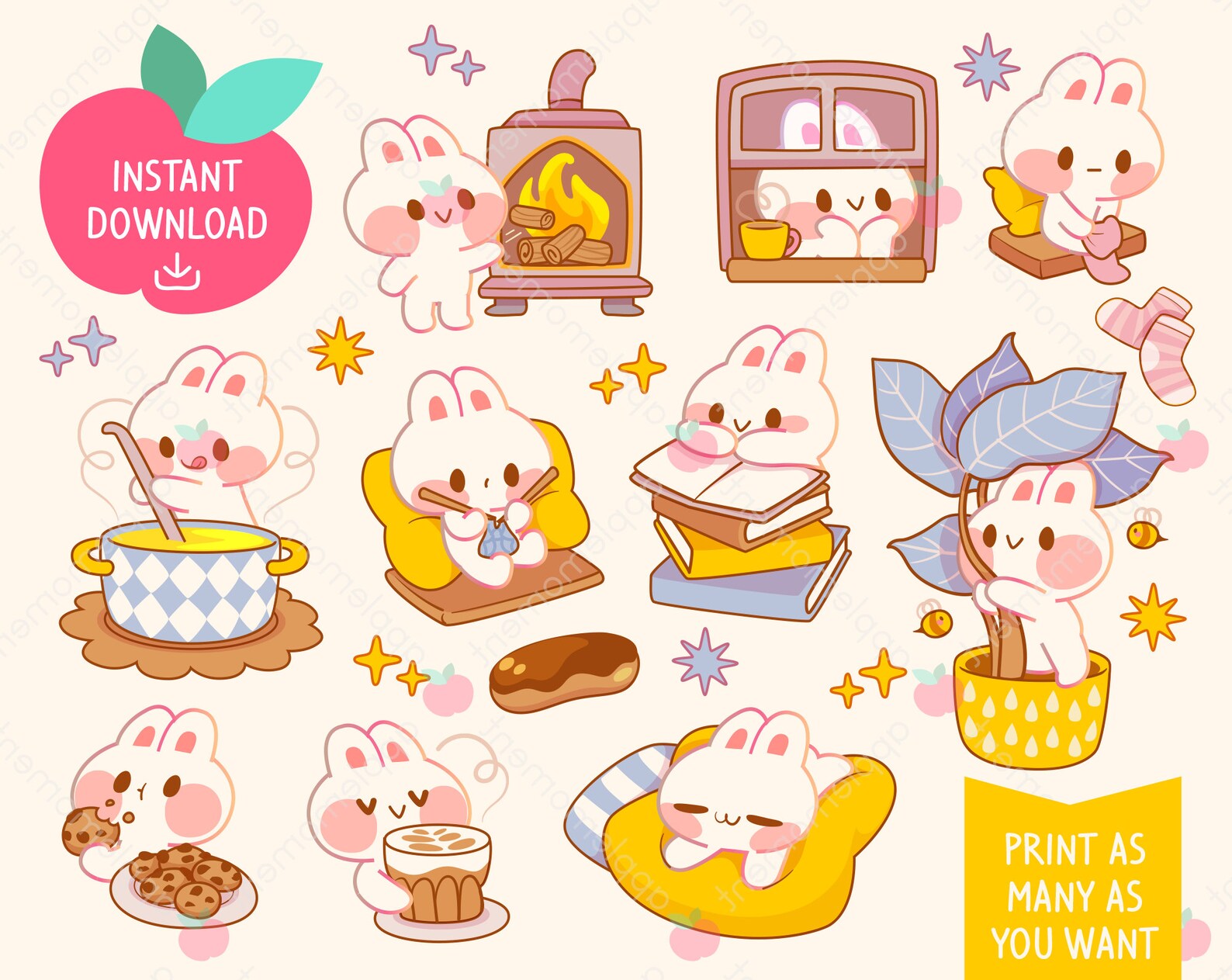Cute Kawaii Printable Digital Stickers Clipart Rainbow Bunny Rabbit ...
