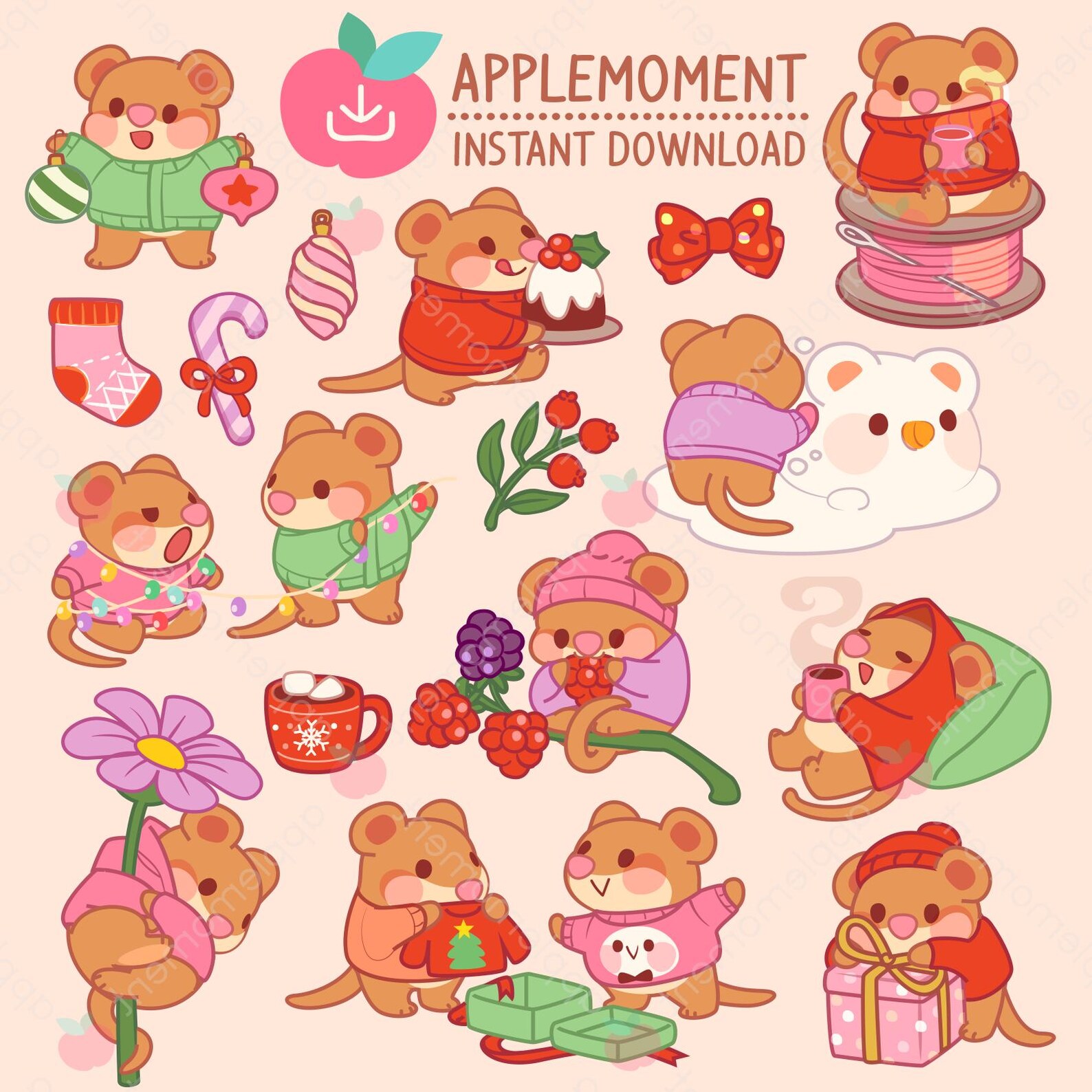 Kawaii Christmas Dormouse Clipart Stickers, Animal PNG (digital ...