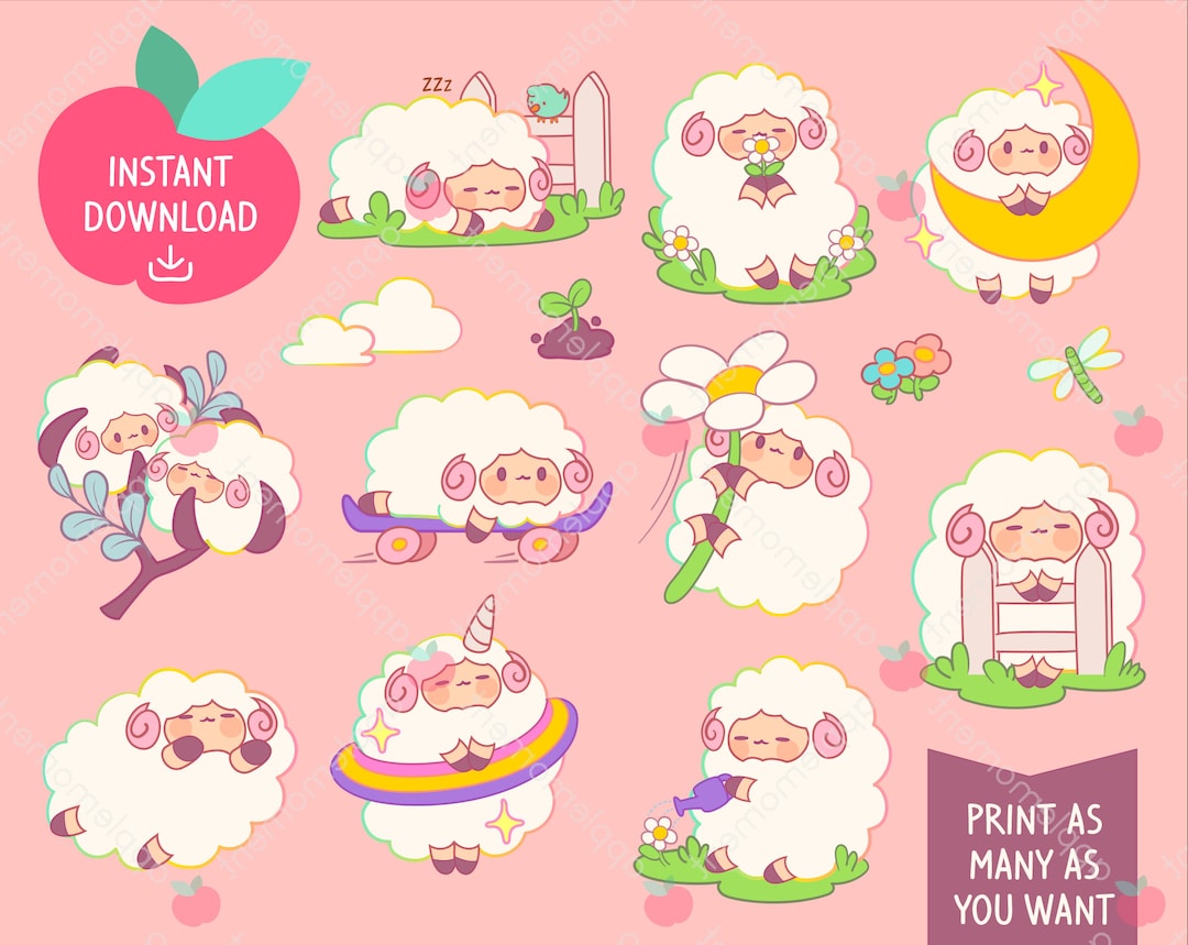 Cute Kawaii Printable Digital Stickers Clipart Daily Rainbow Sheep Lamb ...