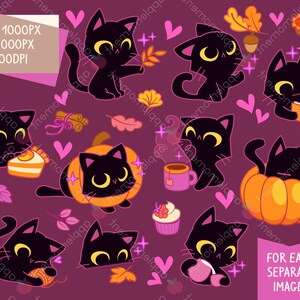Kawaii Fall Black Kitty Cat Stickers: Autumn Planner Clipart (PNG ...