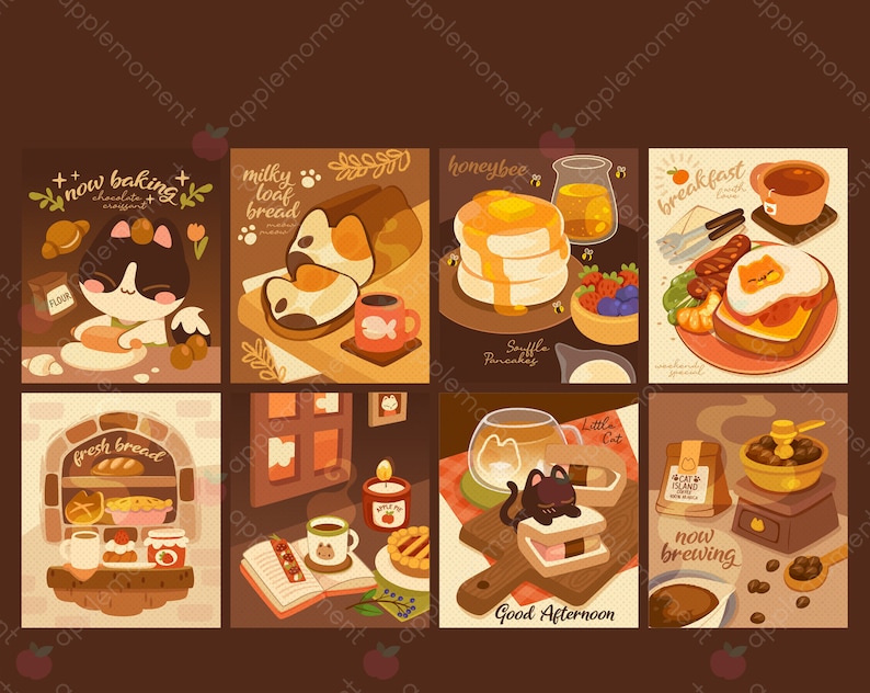 Digital Clipart Stamp Cat Cafe Bakery Food and Dessert Baking ...