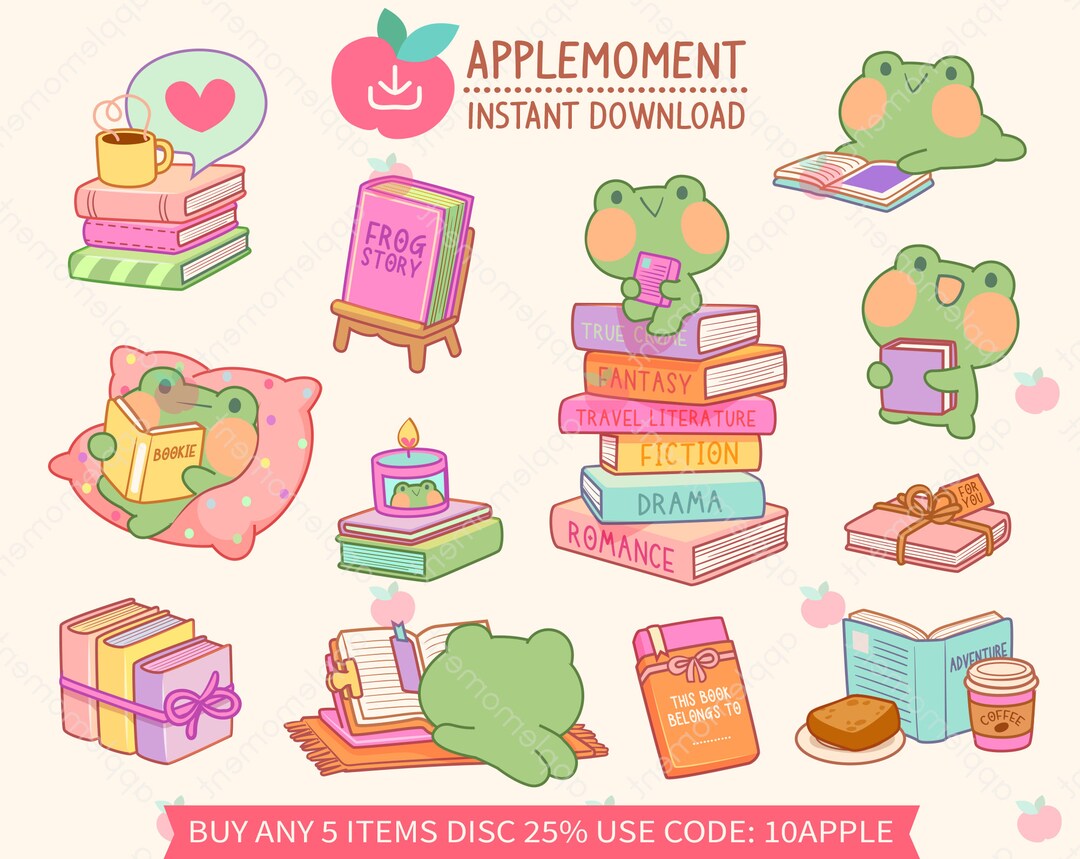 Cute Kawaii Printable Digital Stickers Clipart Animal Bookish Frog Cozy ...