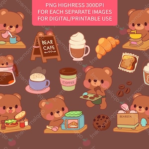 Cute Kawaii Printable Digital Stickers Clipart Animal Cafe Coffee Brown ...