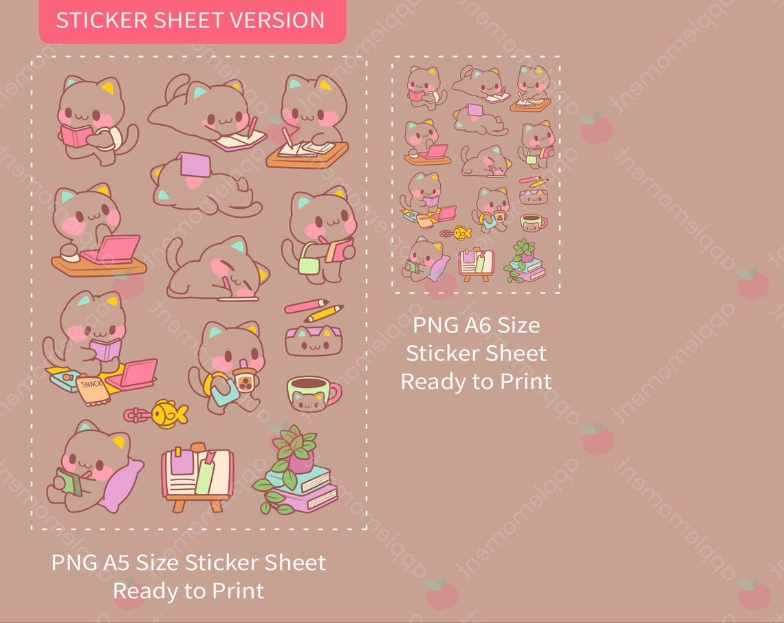 Cute Kawaii Printable Digital Stickers Clipart Illustration Study Kitty ...