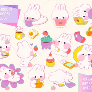 Cute Kawaii Printable Digital Stickers Clipart Rainbow Bunny Rabbit ...