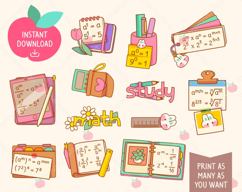 Cute Kawaii Printable Digital Stickers Clipart Algebra Math Study ...