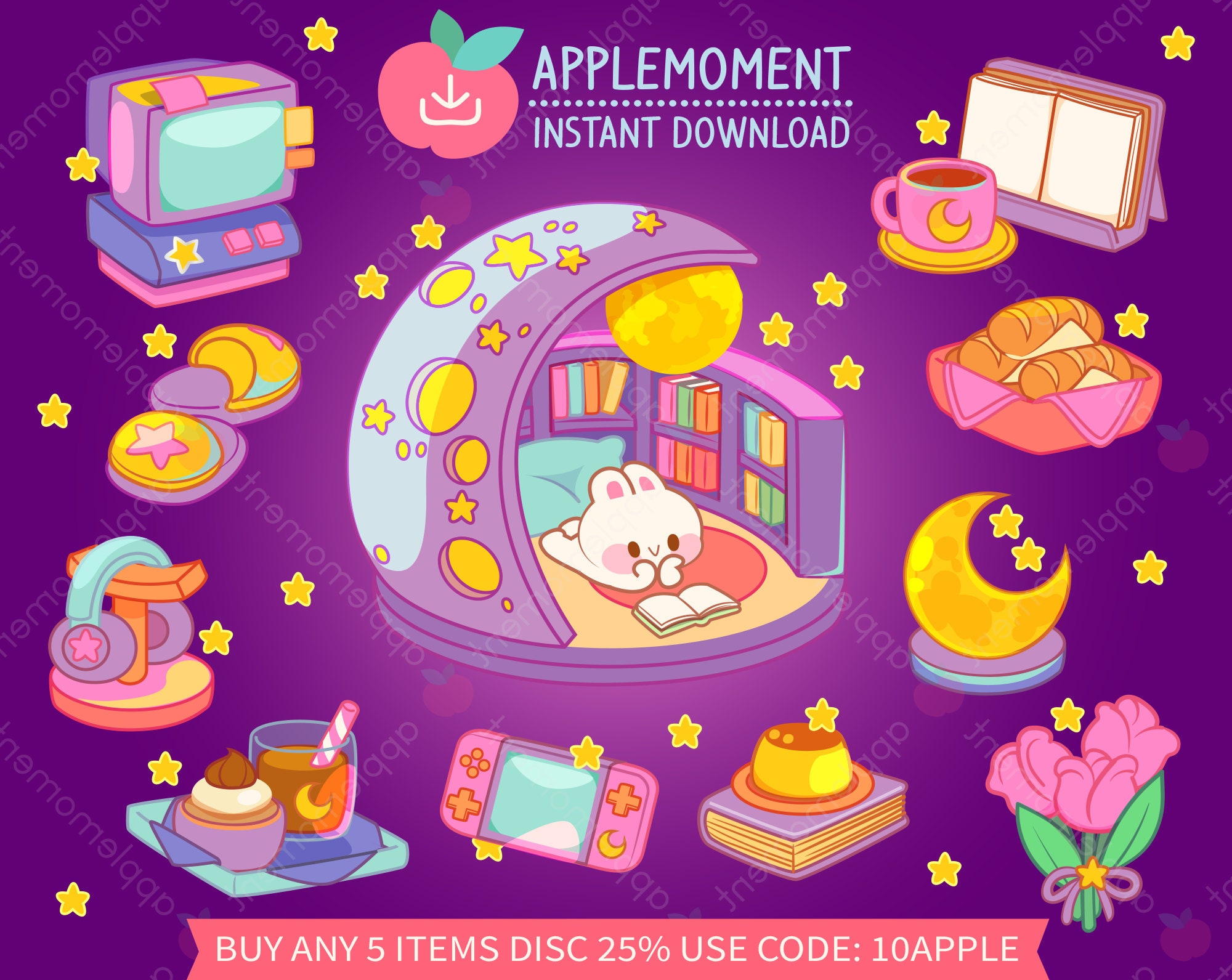 Cute Kawaii Printable Digital Stickers Clipart Space Library Bunny ...