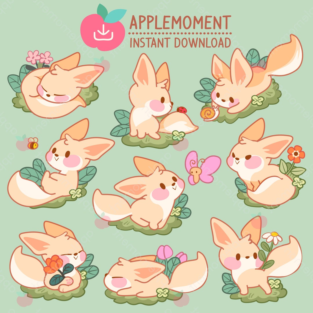 Cute Kawaii Printable Digital Stickers Clipart Fennec Fox in the Garden ...