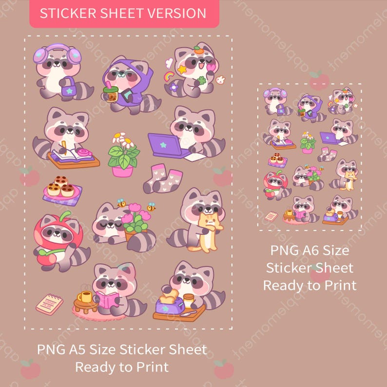 Cute Kawaii Printable Digital Stickers Clipart Daily Life of a Racoon ...