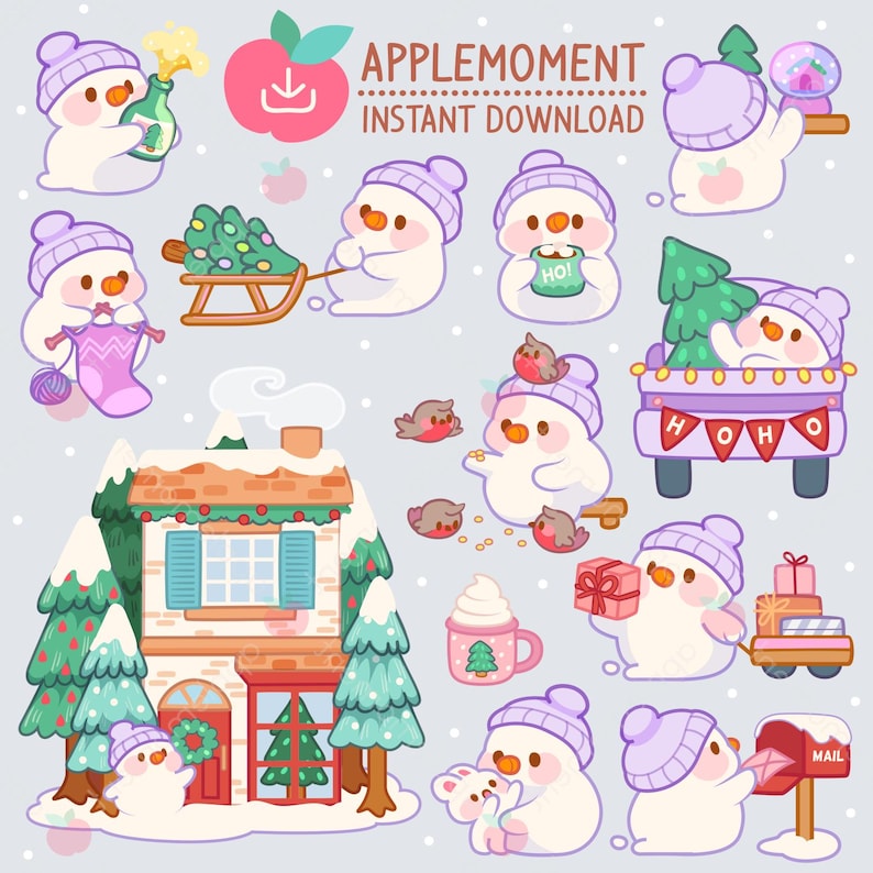 Kawaii Snowman Clipart Stickers, Winter PNG (digital Download) - Etsy