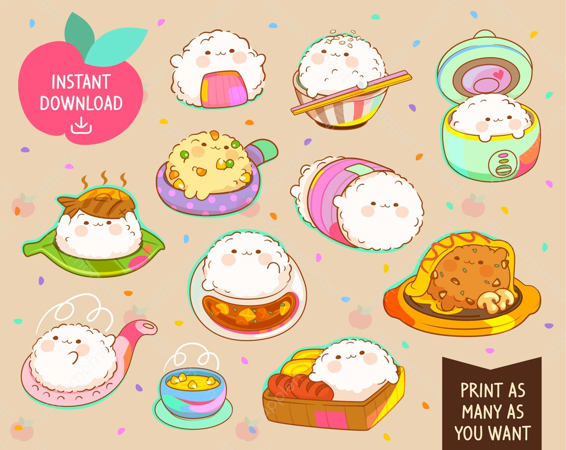 Cute Kawaii Printable Digital Stickers Clipart Rainbow Sticky Rice ...