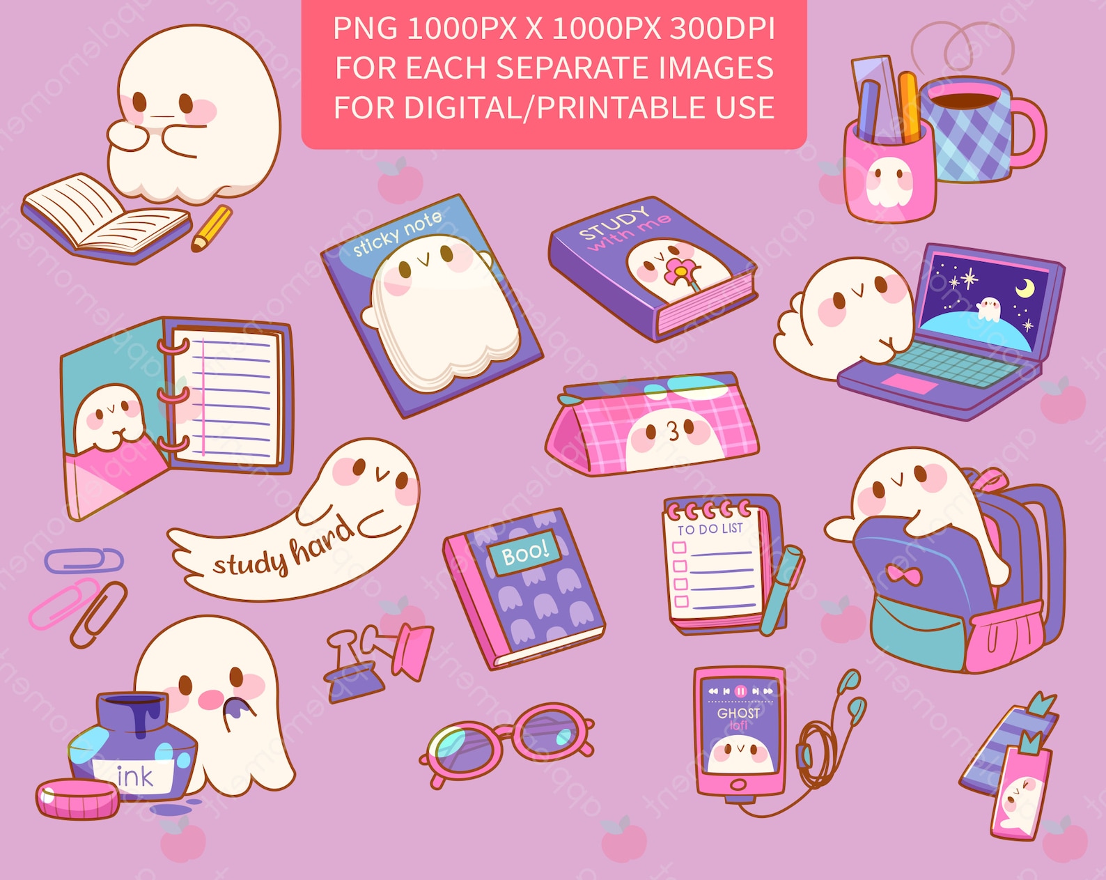 Cute Kawaii Printable Digital Stickers Clipart Study Ghost, Halloween ...