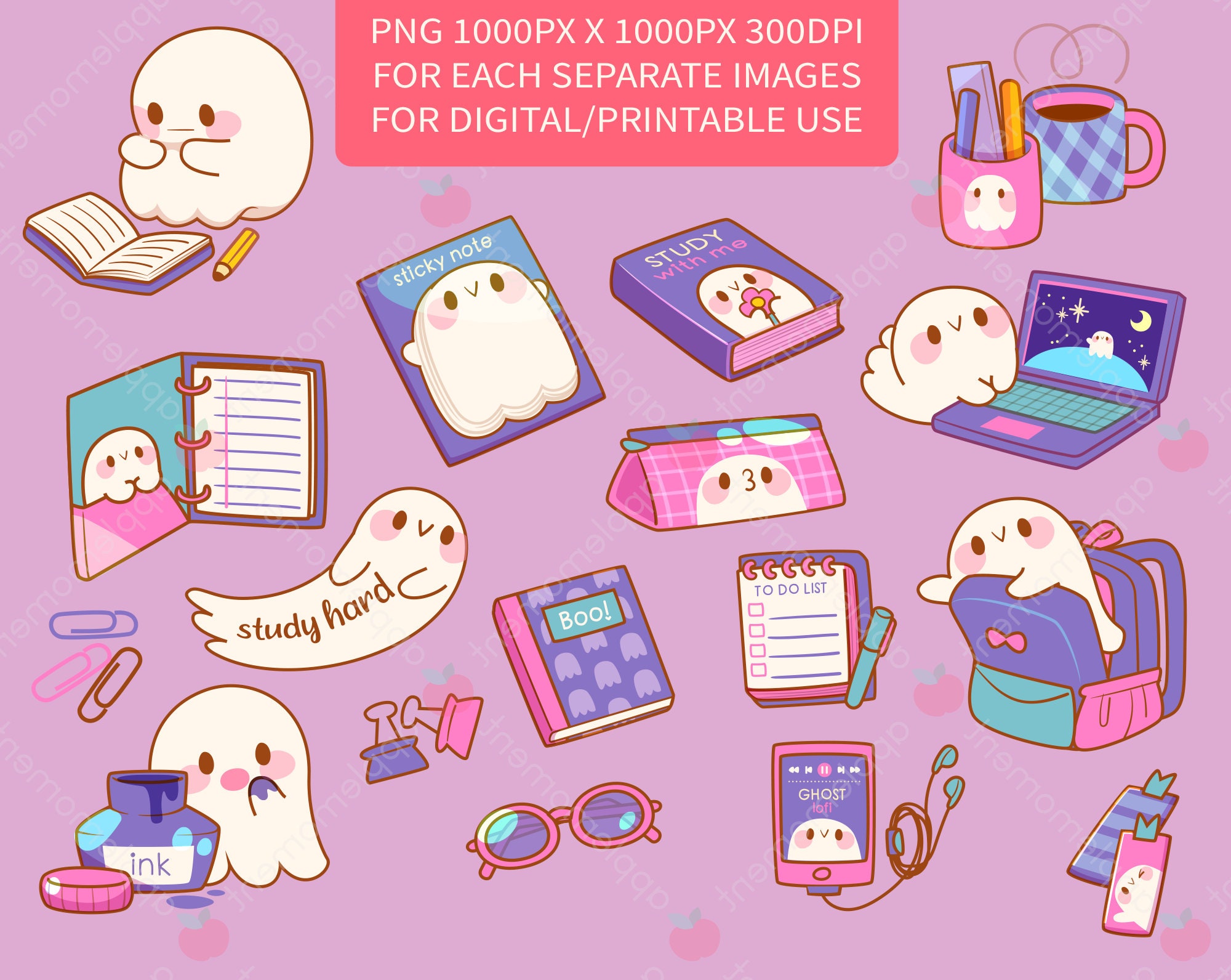 Cute Kawaii Printable Digital Stickers Clipart Study Ghost, Halloween ...