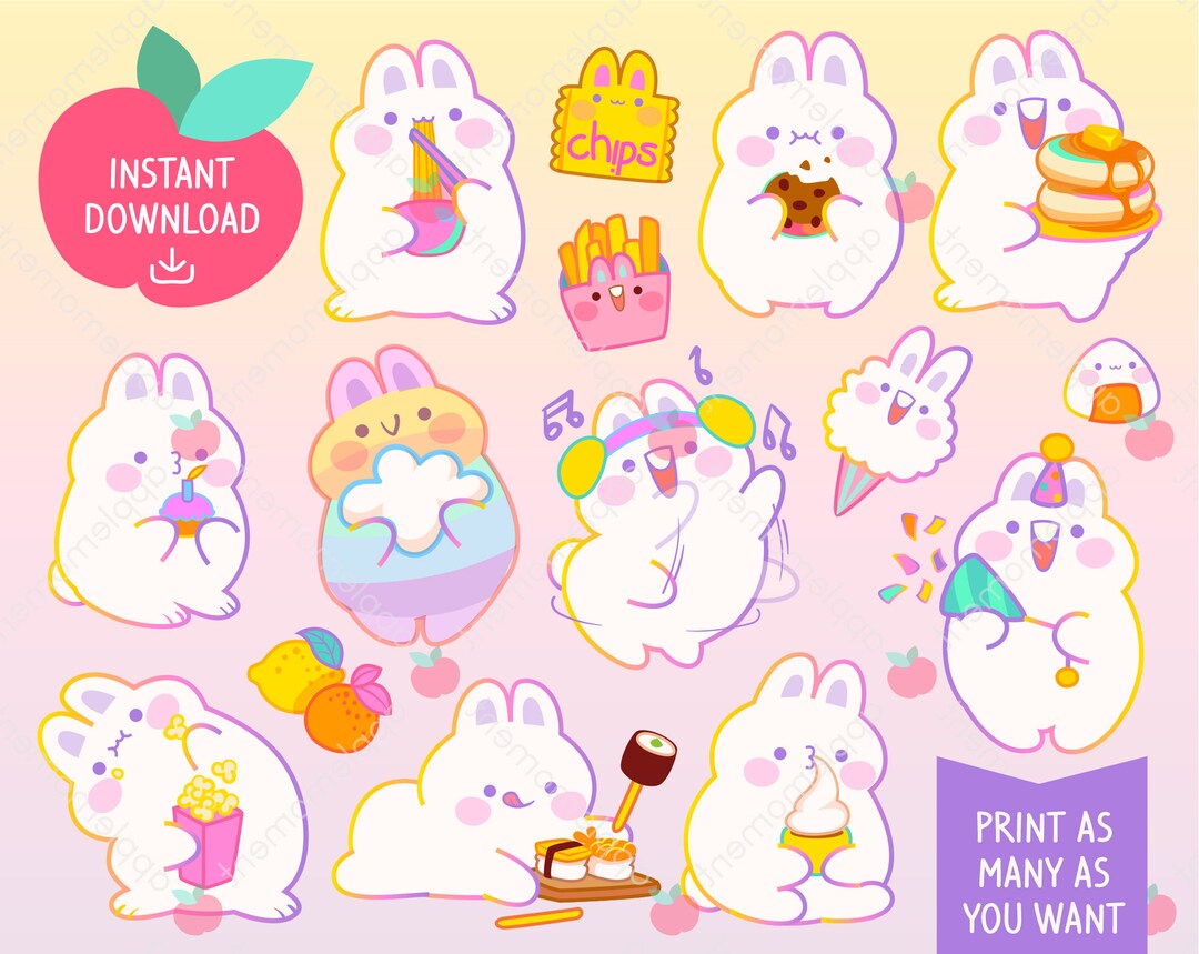 Cute Kawaii Printable Digital Stickers Clipart Rainbow Bunny Rabbit ...
