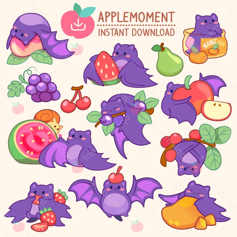 Cute Kawaii Fruit Bat Clipart Stickers, PNG (digital Download) - Etsy