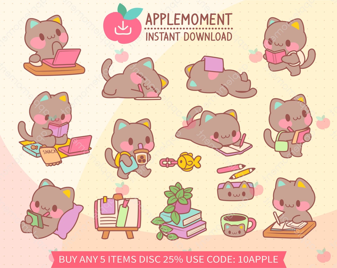 Cute Kawaii Printable Digital Stickers Clipart Illustration Study Kitty ...