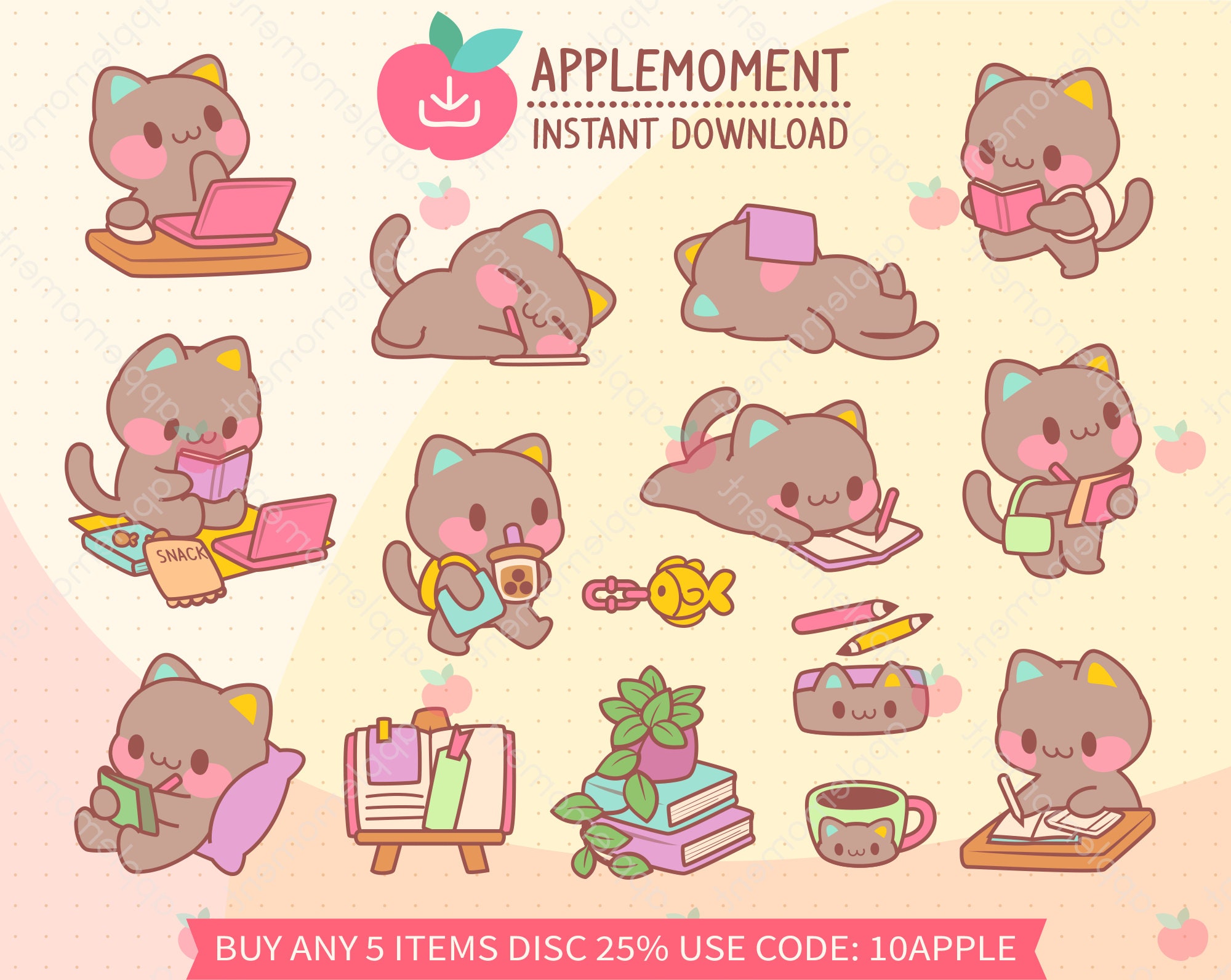 Cute Kawaii Printable Digital Stickers Clipart Illustration Study Kitty ...