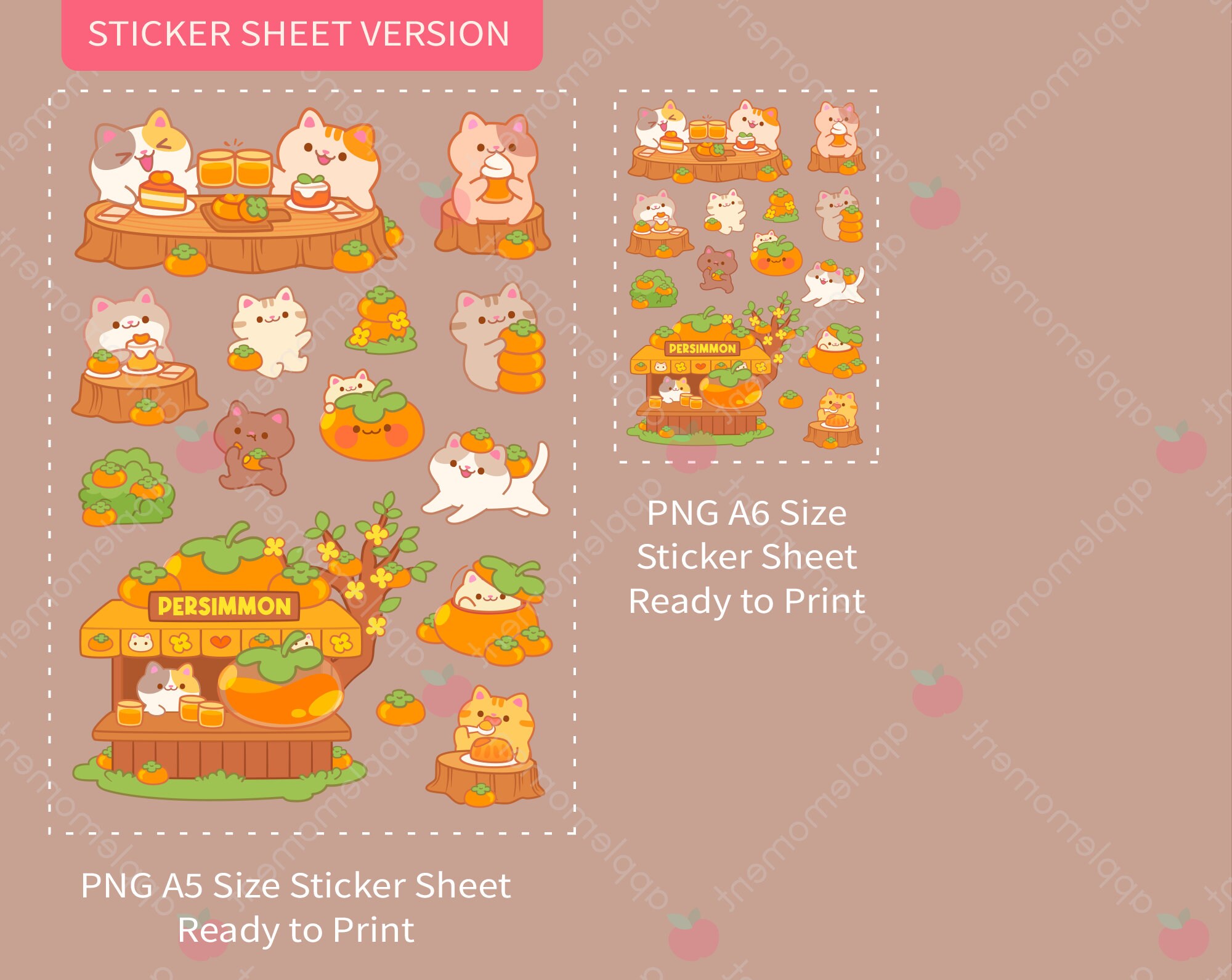 Cute Kawaii Printable Digital Stickers Clipart Kitty Cat Persimmon Shop ...