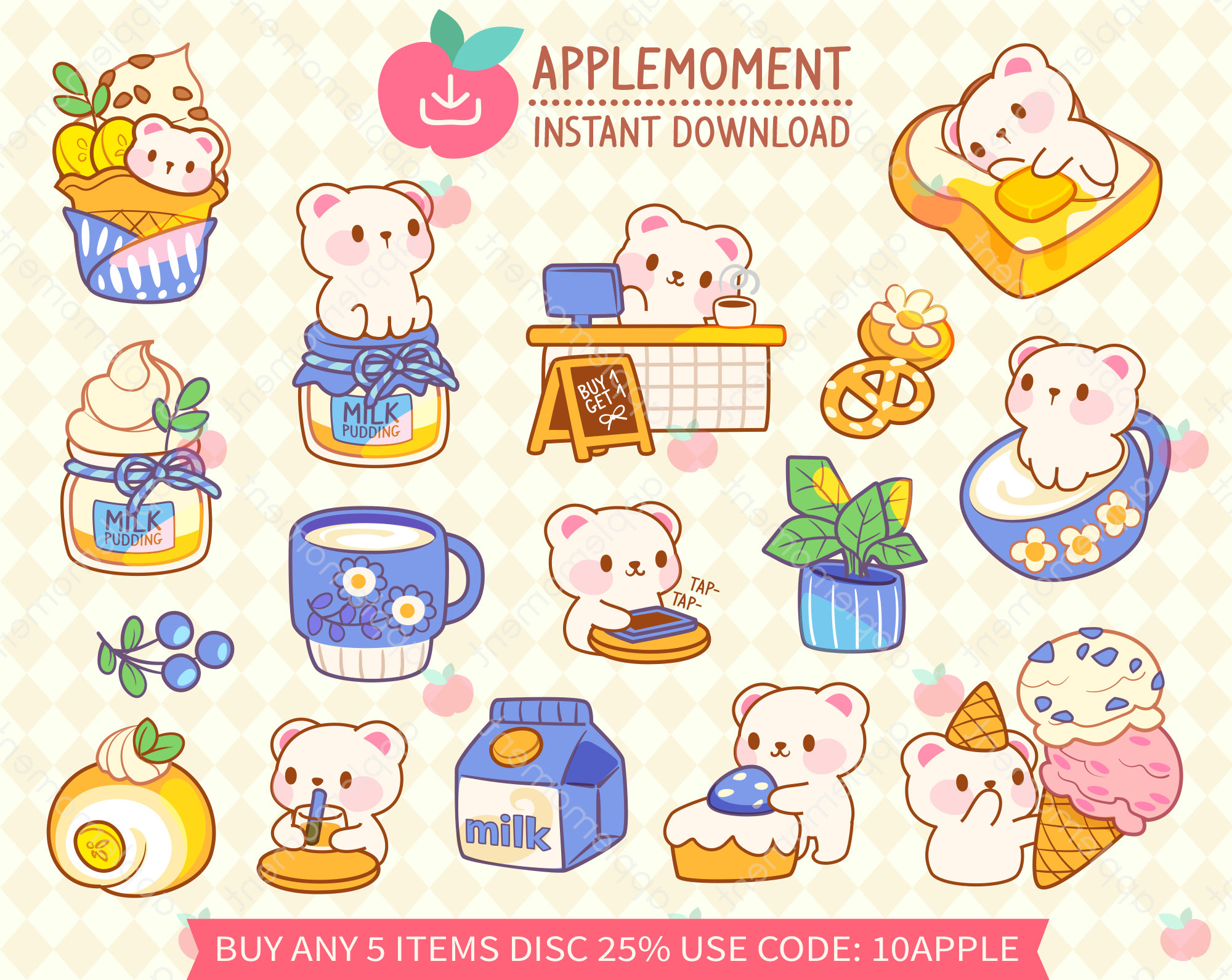 Cute Kawaii Printable Digital Stickers Clipart Illustration Polar Bear ...