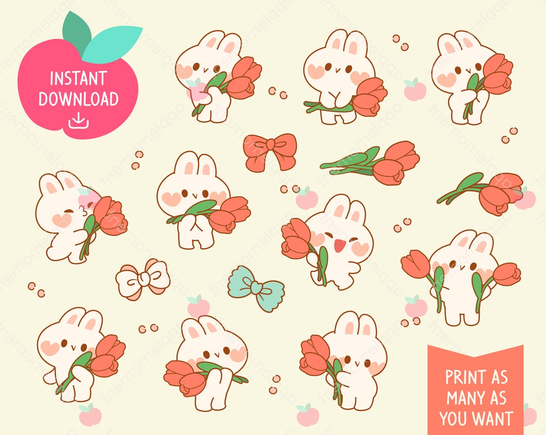 Cute Kawaii Printable Digital Stickers Clipart Rainbow Bunny Rabbit ...