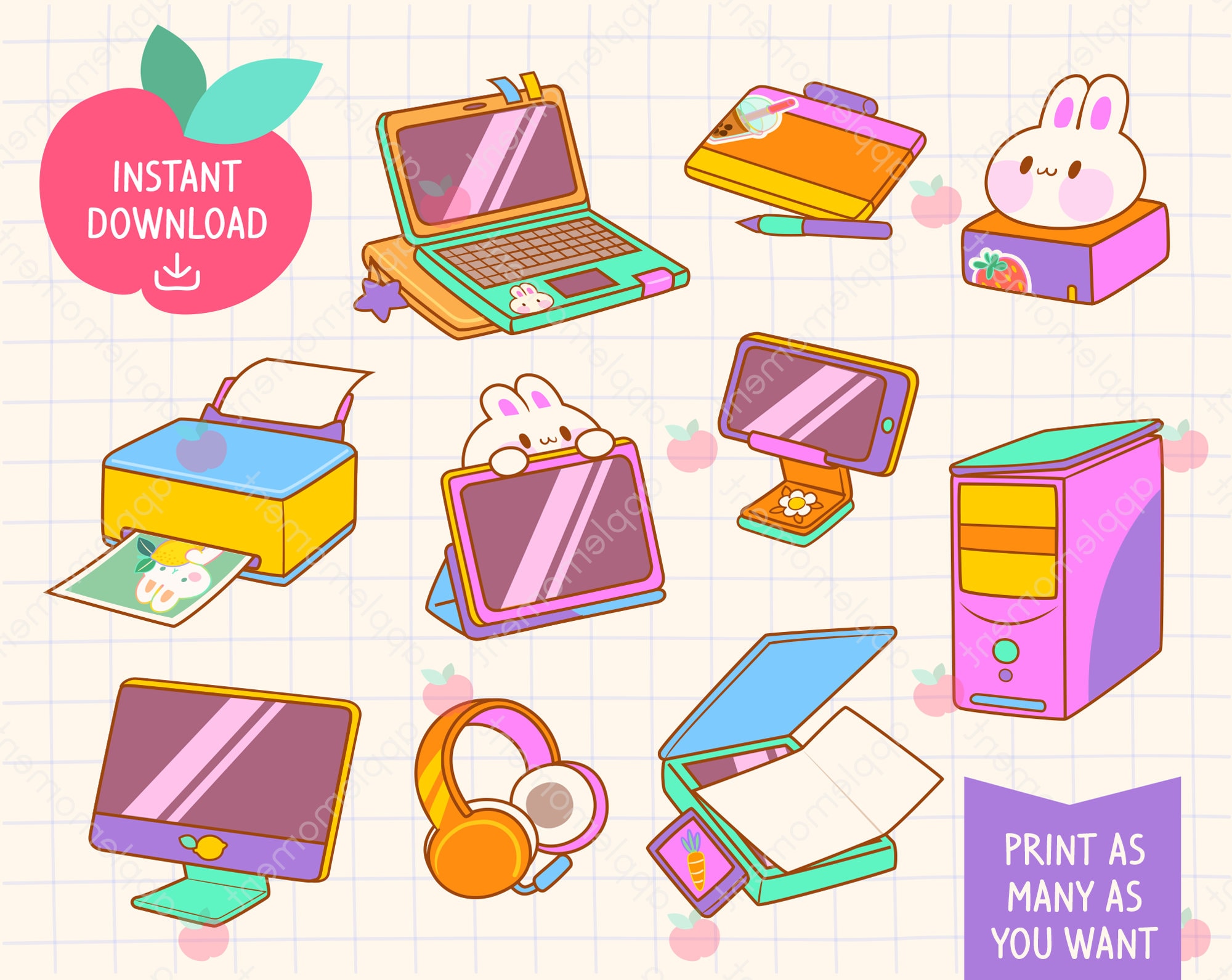 Cute Kawaii Printable Digital Stickers Clipart Rainbow Technology ...