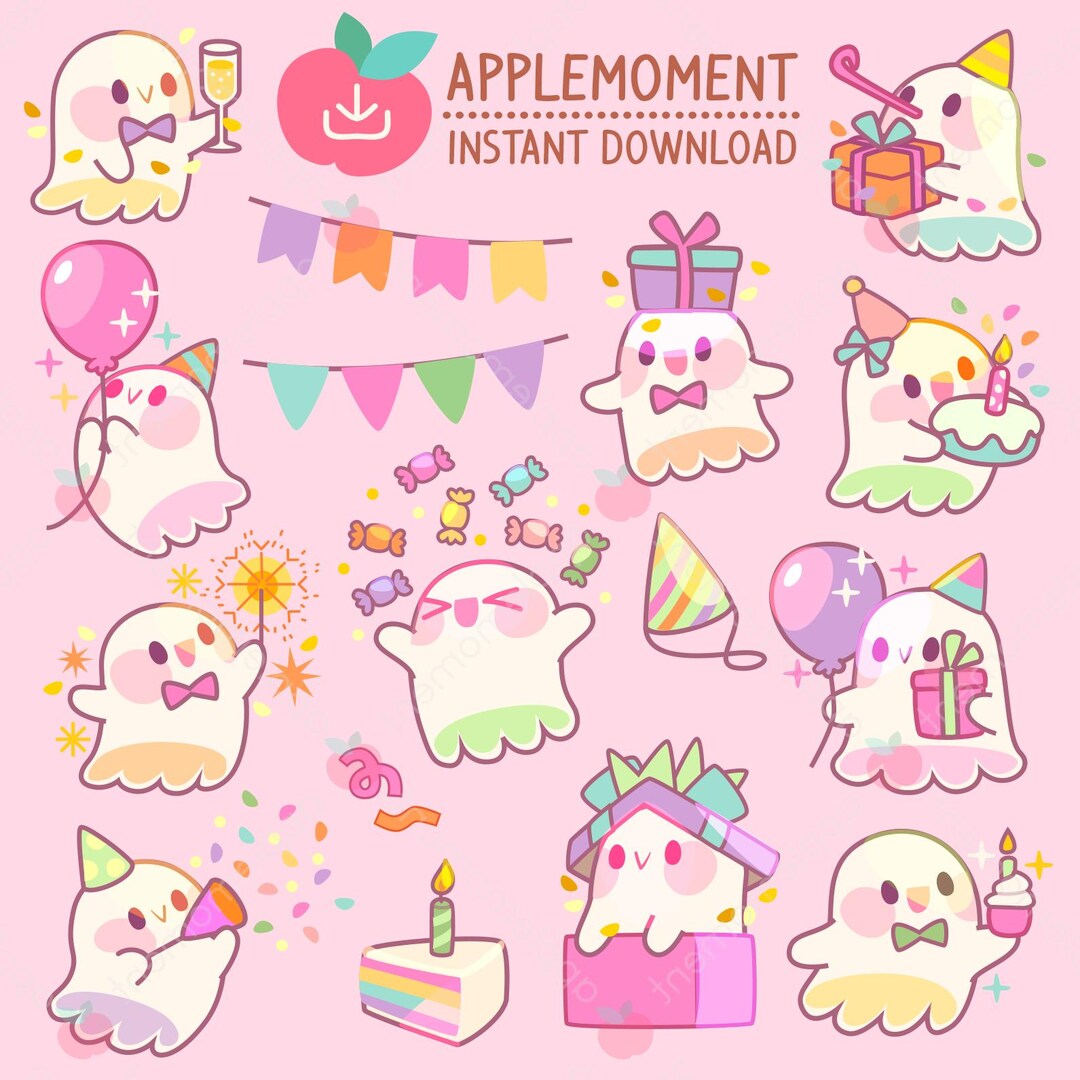Cute Kawaii Printable Digital Stickers Clipart Rainbow Birthday Ghost ...