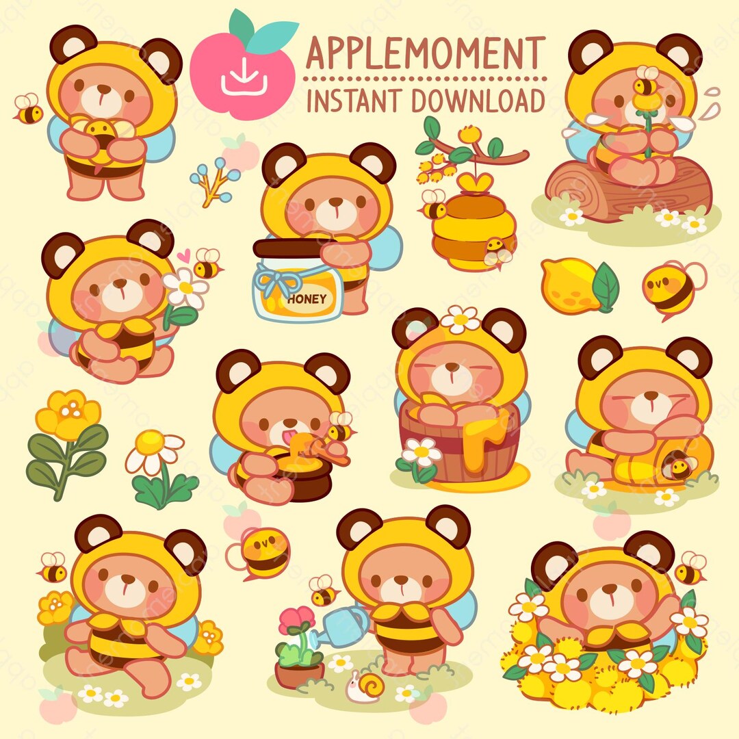 Cute Kawaii Bear Bee Clipart Stickers, PNG (digital Download) - Etsy
