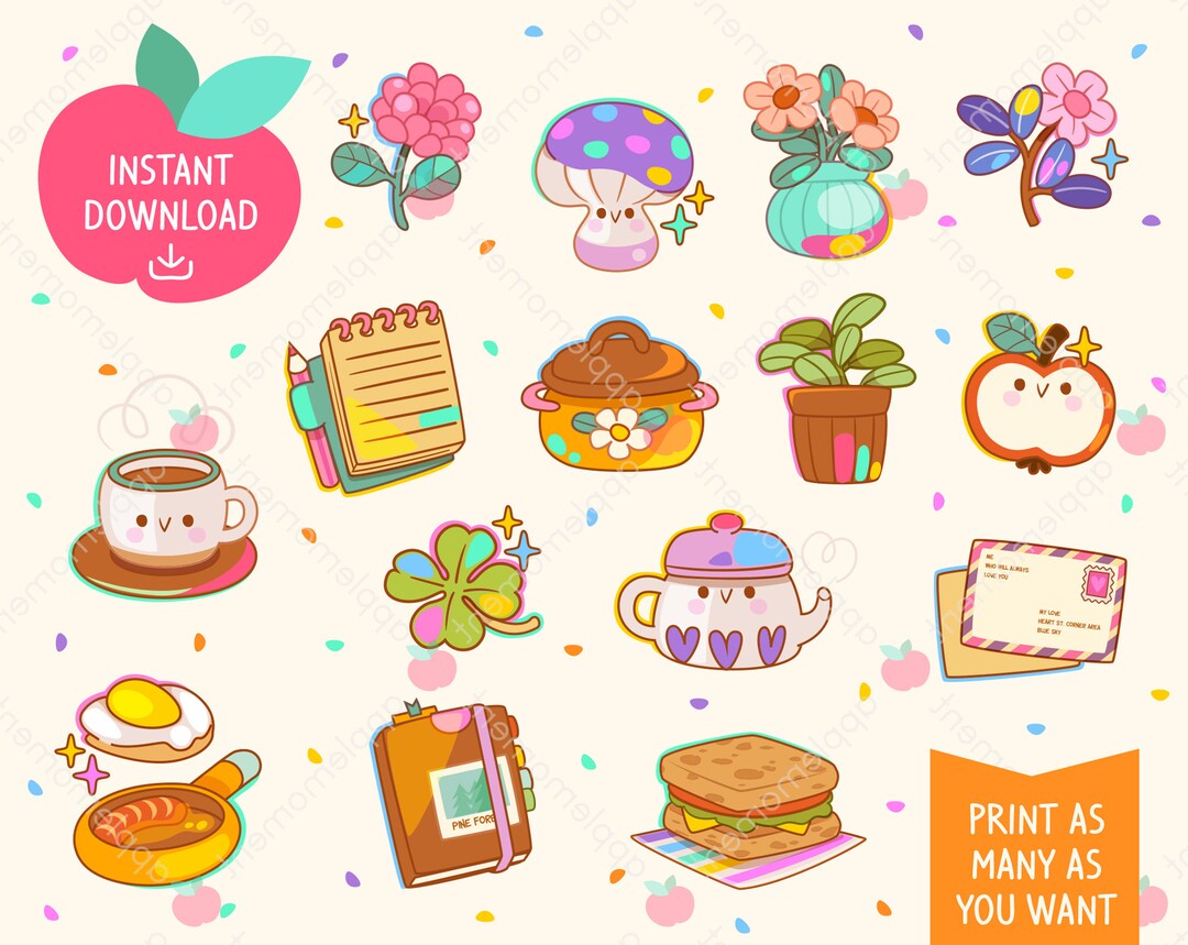 Cute Kawaii Printable Digital Stickers Clipart Rainbow Flower Kitchen ...