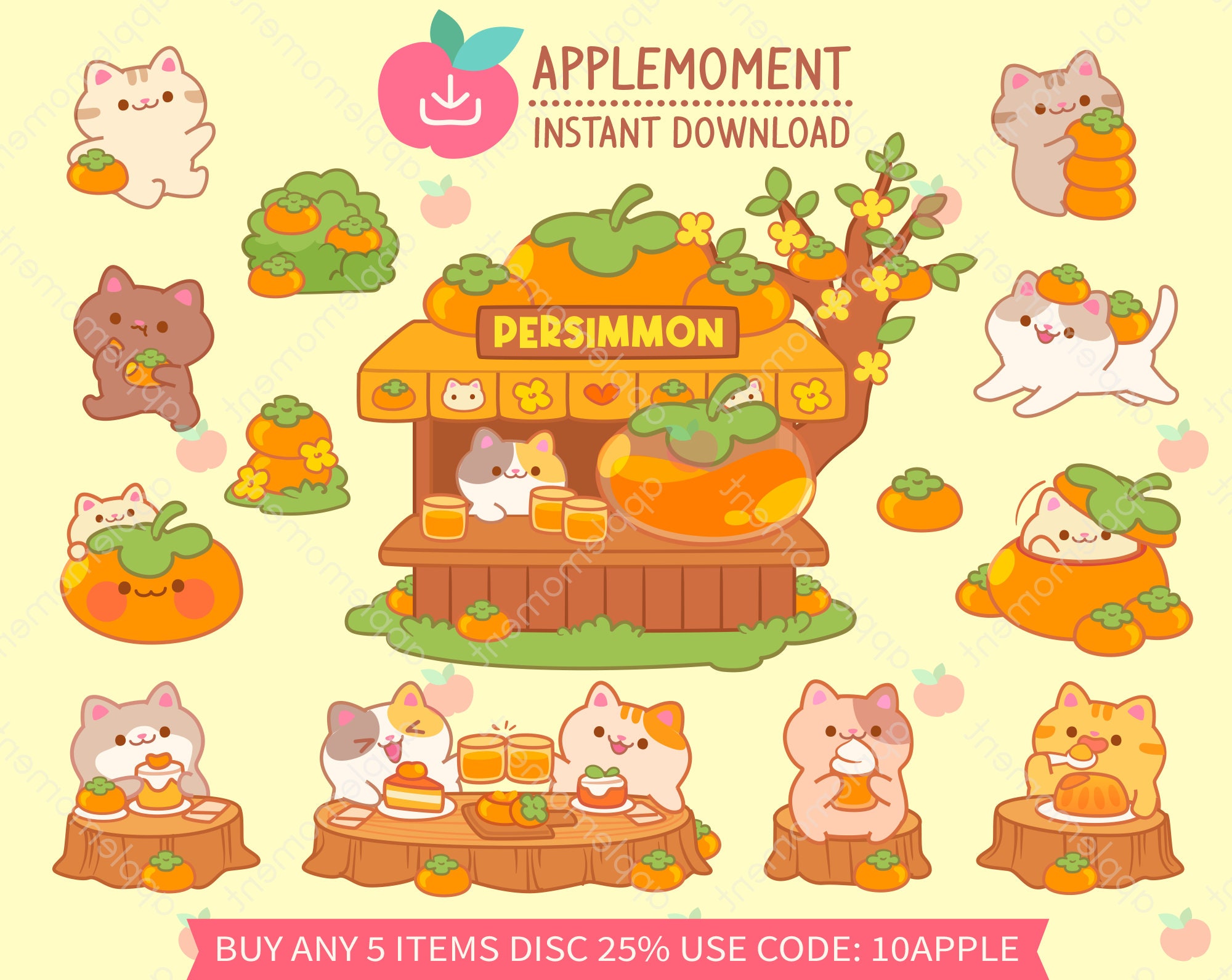Cute Kawaii Printable Digital Stickers Clipart Kitty Cat Persimmon Shop ...