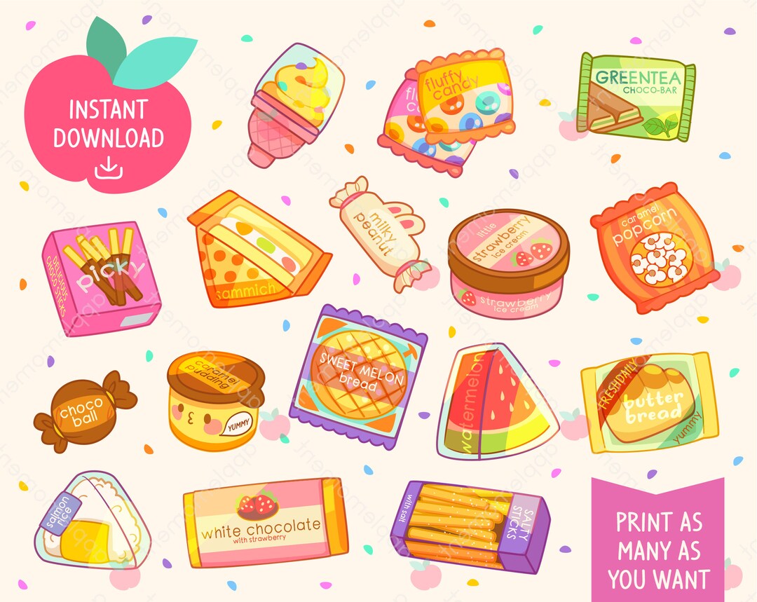 Cute Kawaii Printable Digital Stickers Clipart Rainbow Snacks, Dessert ...