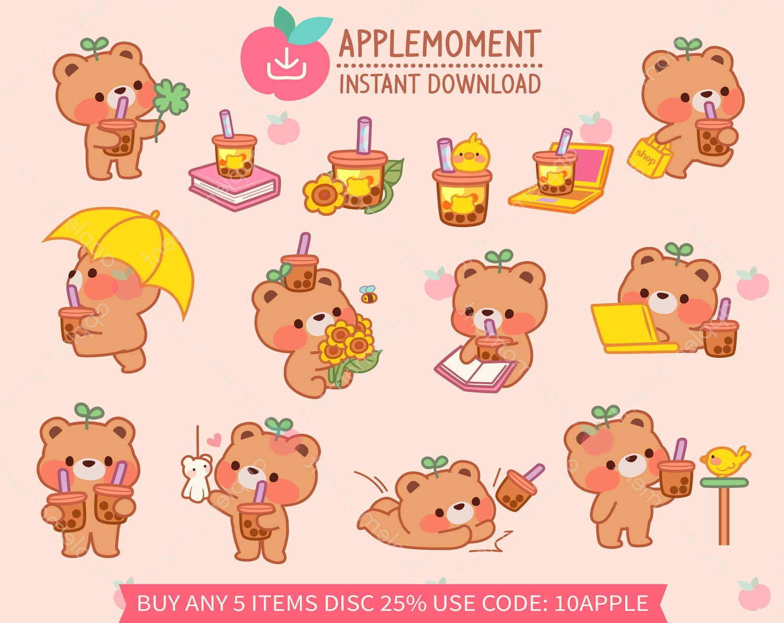 Cute Kawaii Printable Digital Stickers Clipart Illustration Daily Brown ...