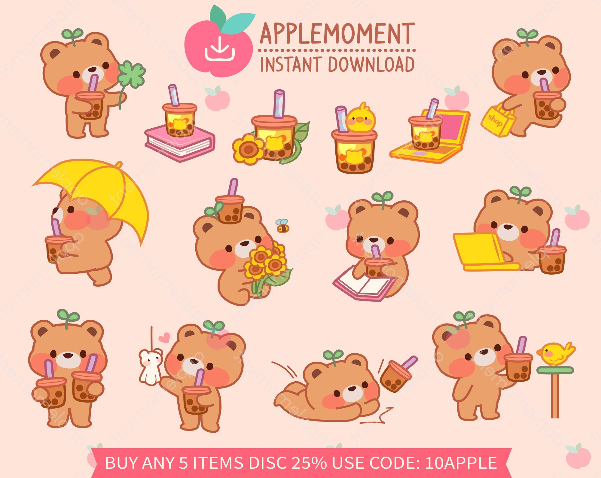 Cute Kawaii Printable Digital Stickers Clipart Illustration Daily Brown ...