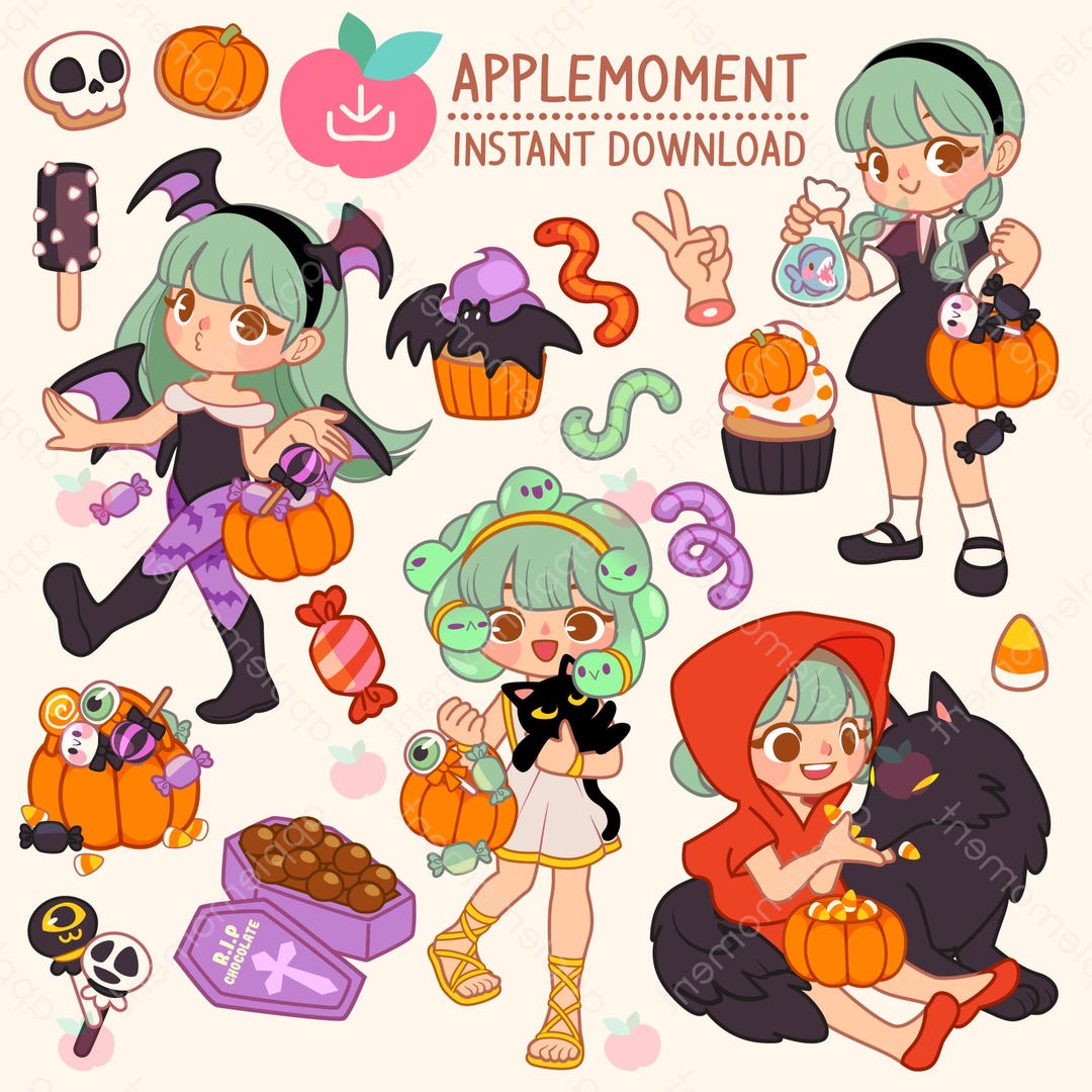 Kawaii Halloween Clipart Stickers, Trick or Treat Girls, PNG (digital ...