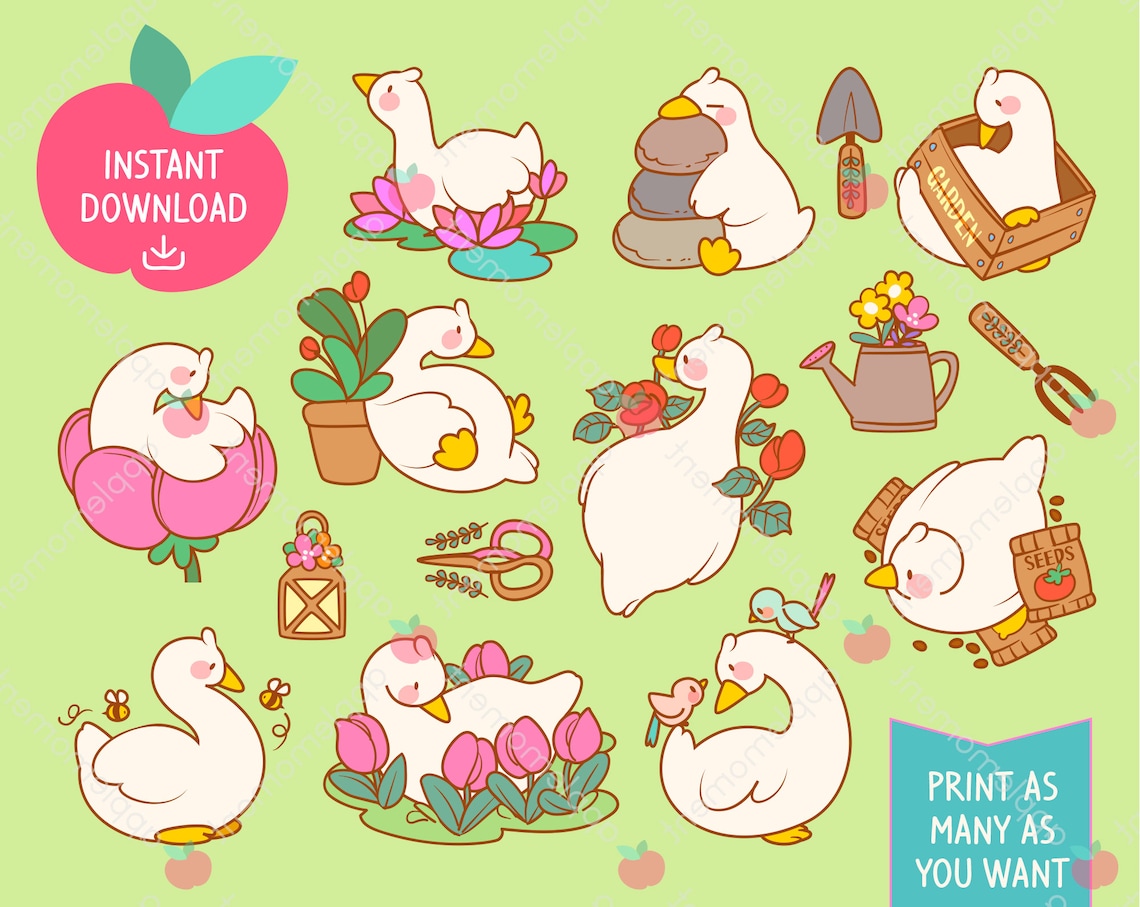 Cottagecore Goose Garden Clipart Stickers: Kawaii Planner PNG (digital ...