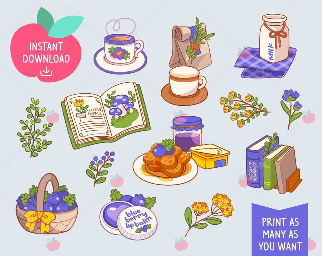 Cute Kawaii Printable Digital Stickers Clipart Blueberry Cottagecore ...