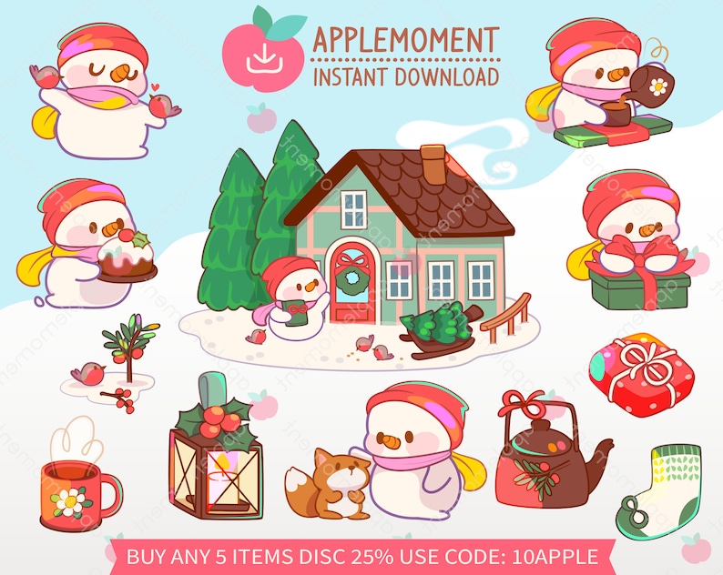 Cute Kawaii Winter Snowman Clipart Stickers, PNG, Goodnotes (commercial ...