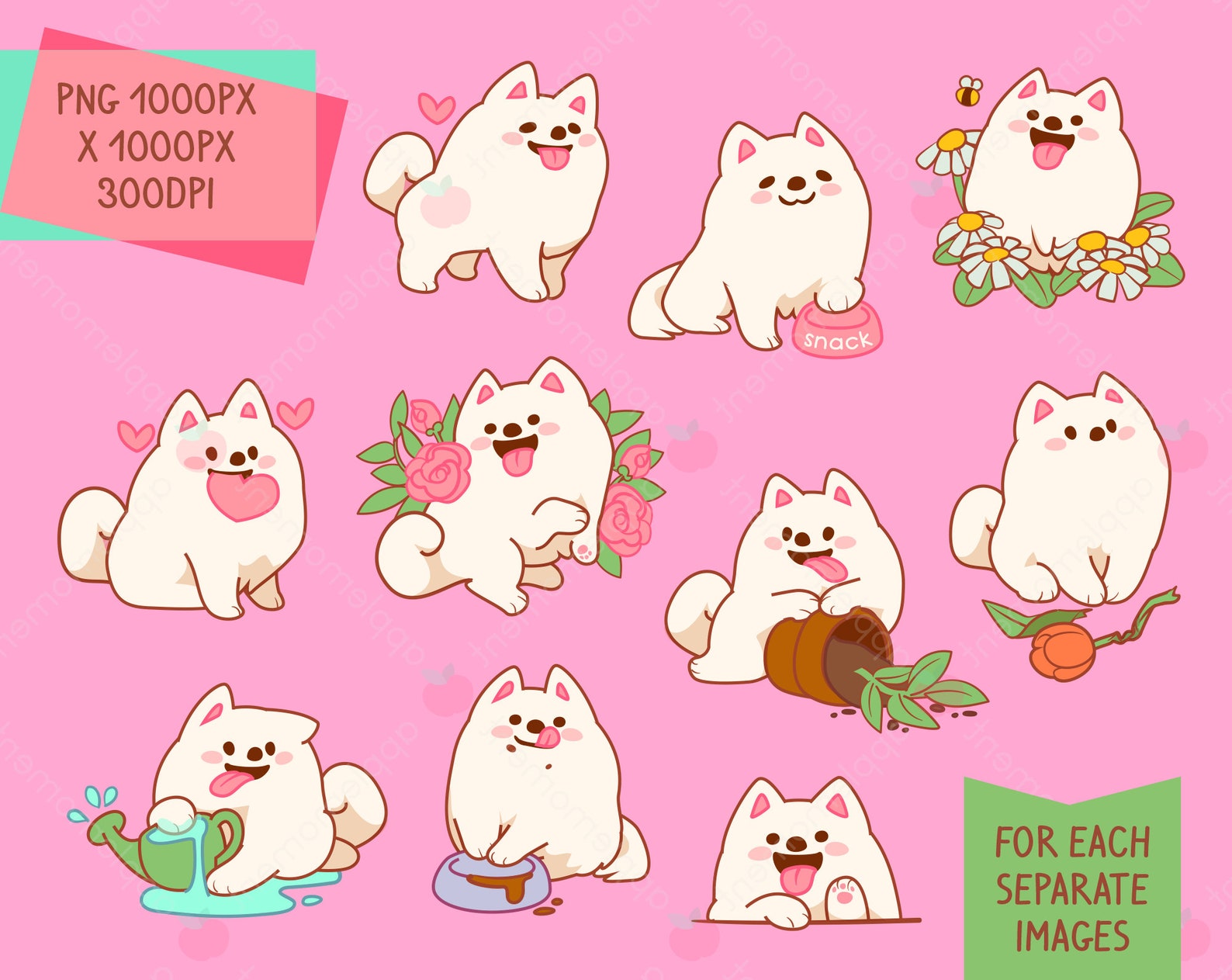 Cute Kawaii Printable Digital Stickers Clipart Happy Samoyed Pomeranian ...