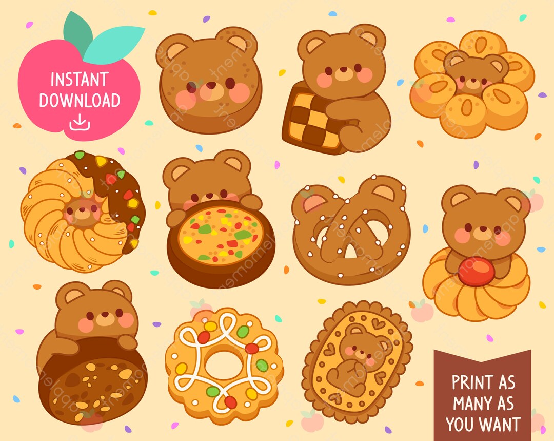 Kawaii Bear Cookie Clipart: Rainbow Snack Stickers (PNG, Digital ...