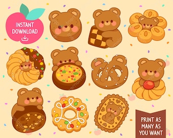 Cute Kawaii Printable Digital Stickers Clipart Cookies Coffee - Etsy