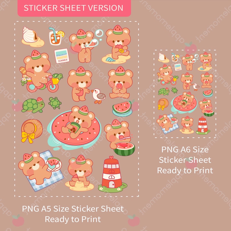 Kawaii Bear Summer Clipart Stickers (PNG) - Etsy