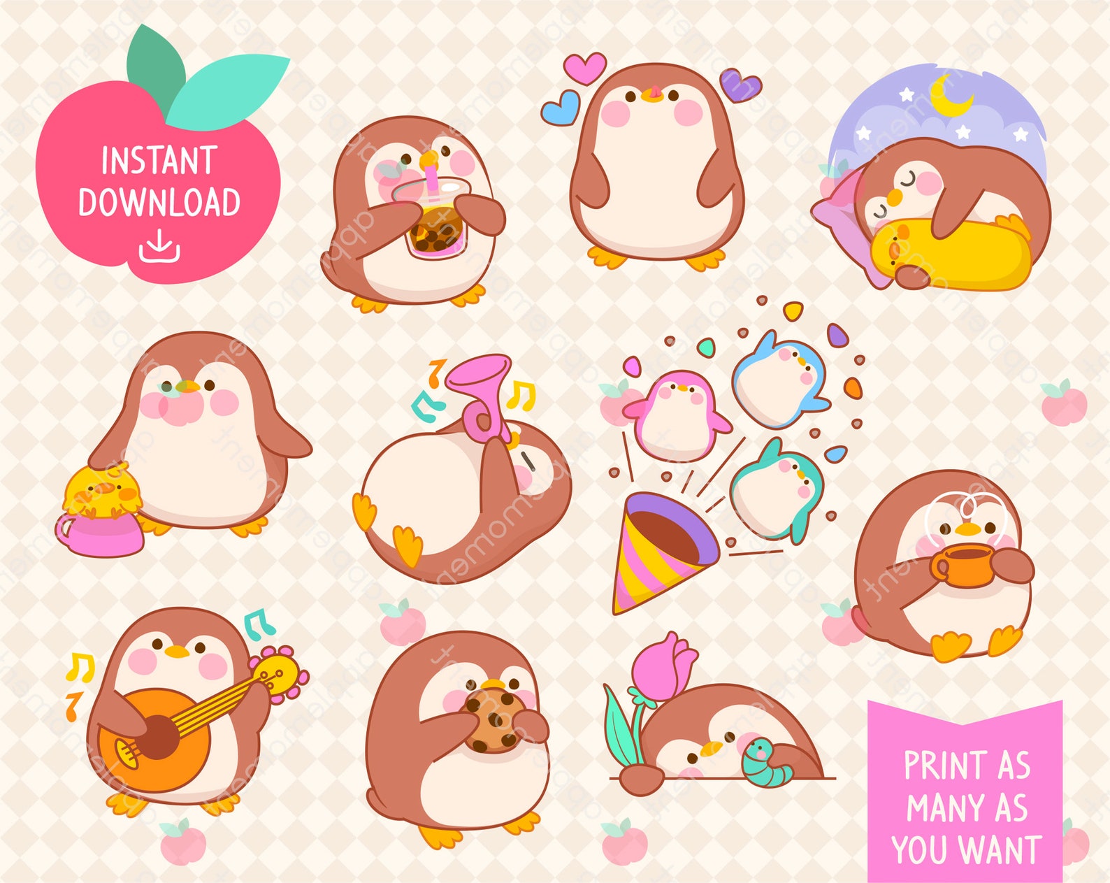 Cute Kawaii Printable Digital Stickers Clipart Chocolate Penguin, Food ...