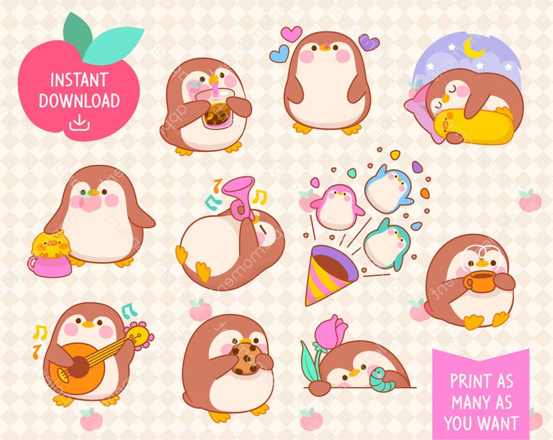 Cute Kawaii Printable Digital Stickers Clipart Chocolate Penguin, Food ...