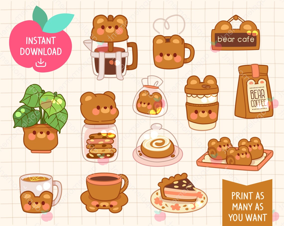Cute Kawaii Printable Digital Stickers Clipart Rainbow Chocolate Bear ...