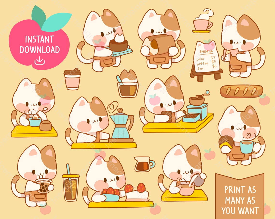 Kawaii Cat Bakery Clipart: Coffee Cafe, Rainbow Kitty (PNG Digital ...