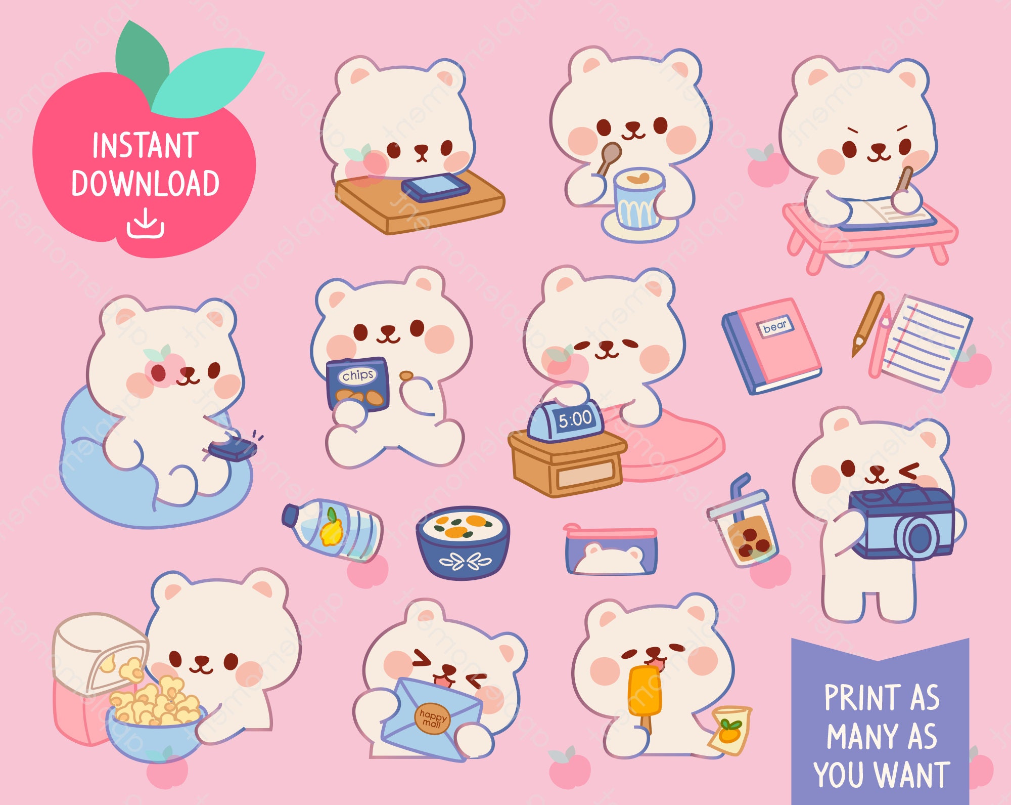 Cute Kawaii Printable Digital Stickers Clipart Rainbow Daily Study ...